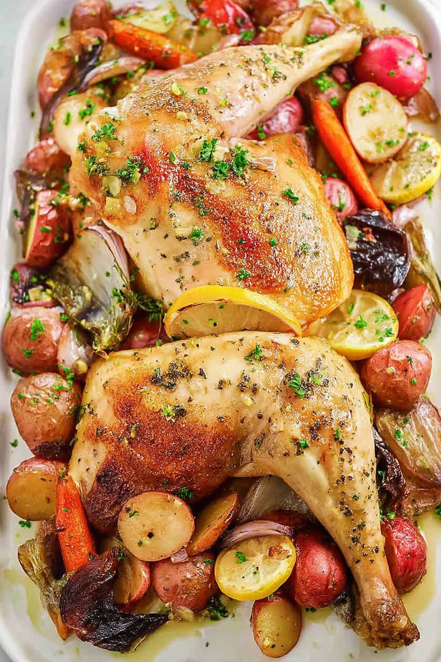 Juicy One-Pan Roasted Chicken Leg Quarters with Root Vegetables
