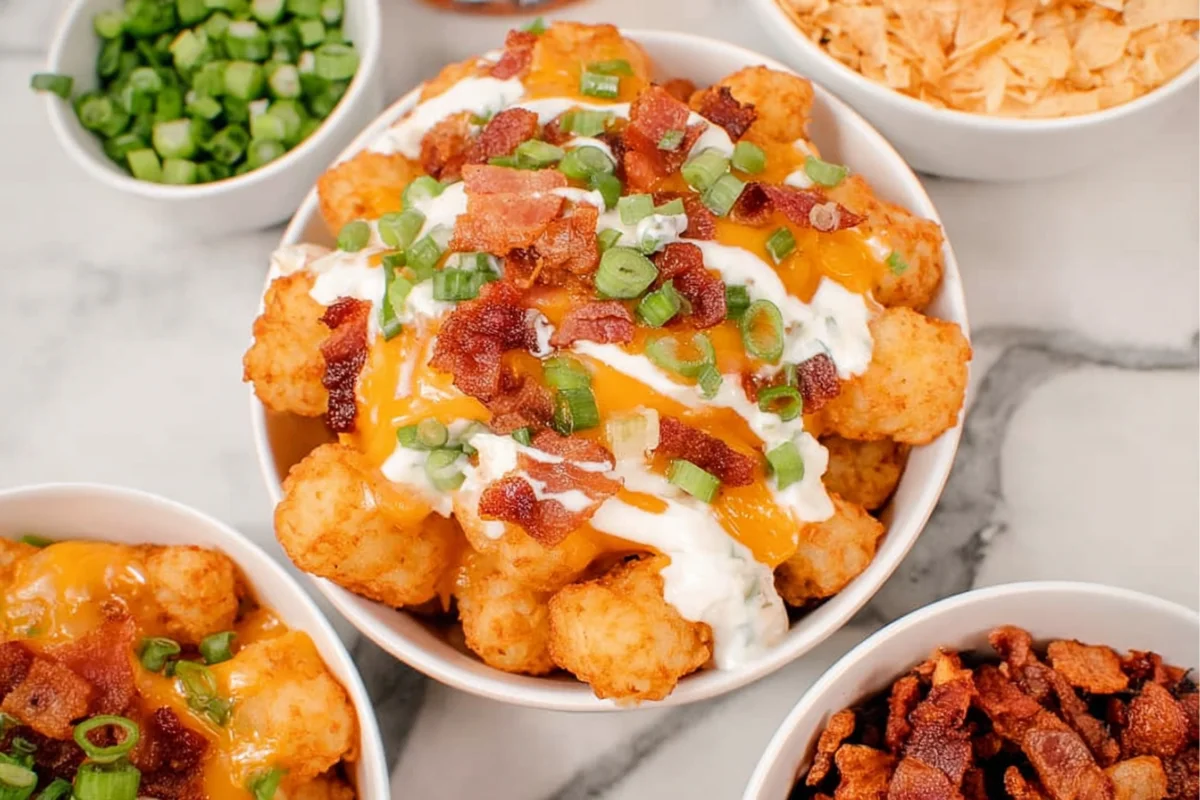 Loaded Tots: Crispy Tater Tots with Bacon, Cheese, and Creamy Drizzle
